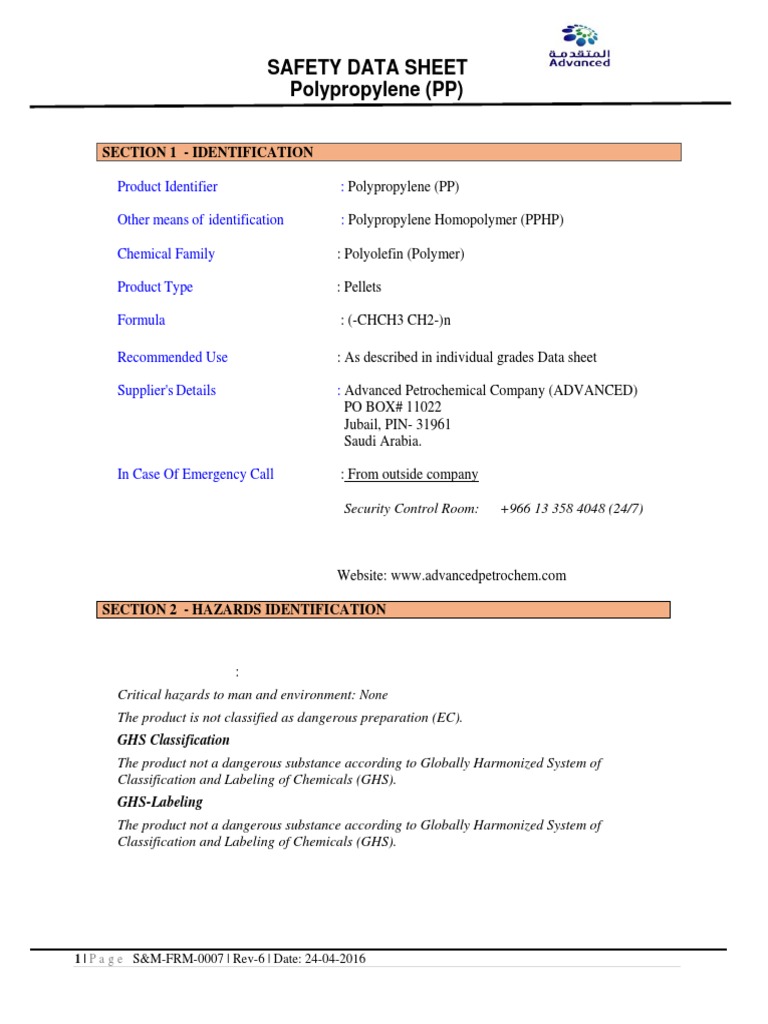 Polypropylene (PP) Safety Data Sheet | PDF | Dangerous Goods | Physical ...