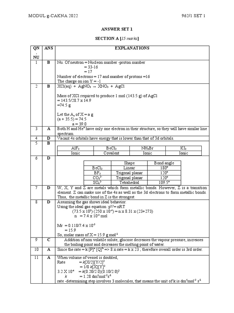 Answer Scheme Chemistry P1 2022 Set 1 | PDF | Intermolecular Force ...