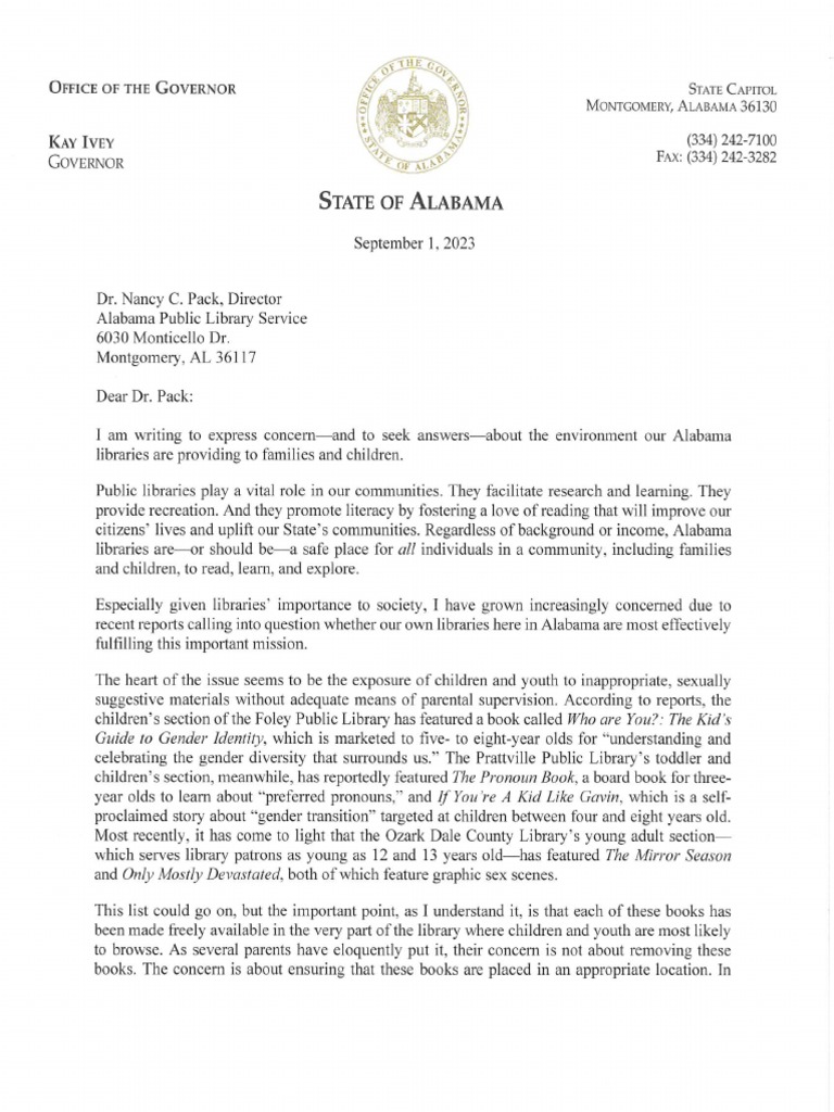 Gov. Kay Ivey's Letter To Dr. Nancy Pack | PDF