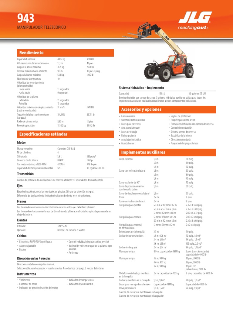 Specs Manipulador 943 JLG | PDF | Vehículos | Bienes manufacturados