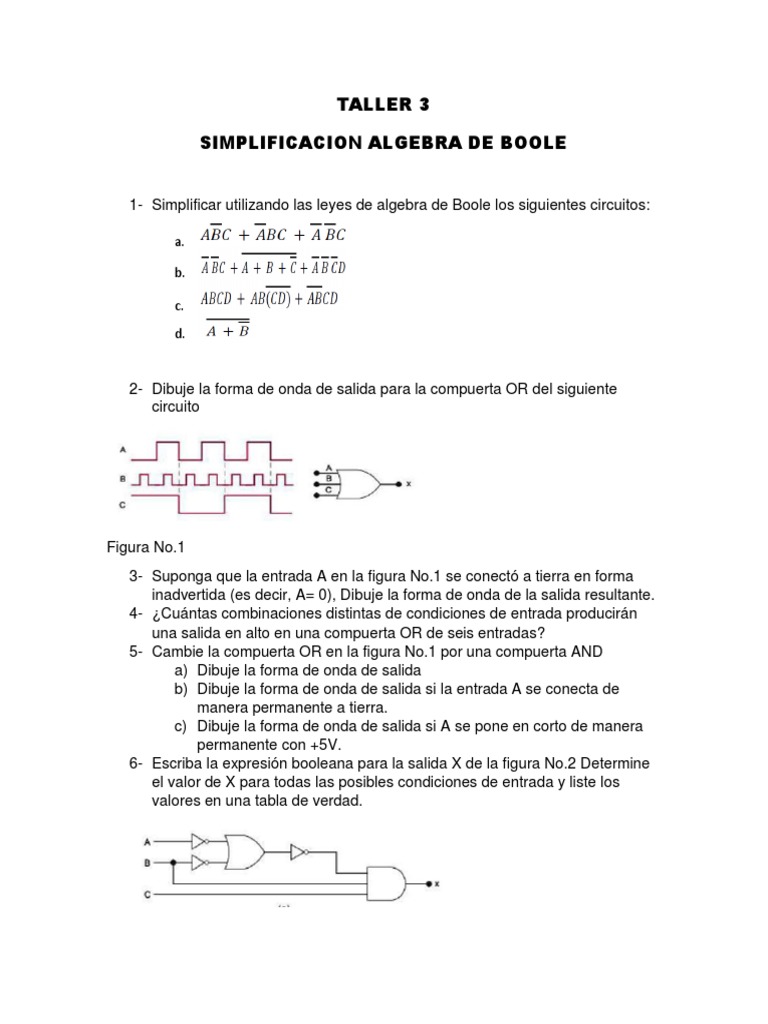 TALLER 3AlgebraBoole | PDF | Puerta lógica | Álgebra de Boole