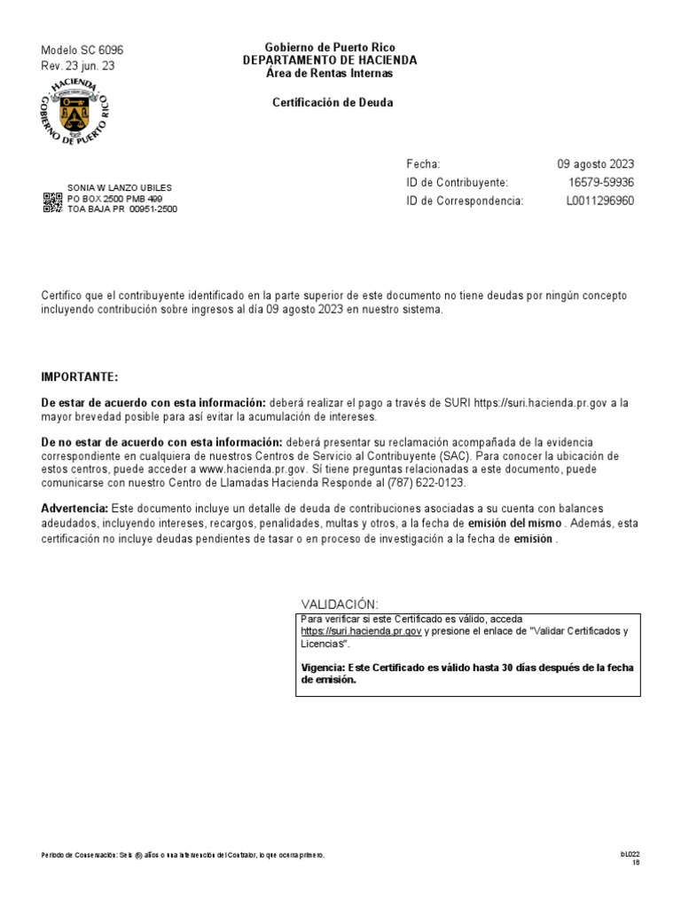 Sonia W Lanzo Ubiles PO BOX 2500 PMB 499 TOA BAJA PR 00951-2500 | PDF