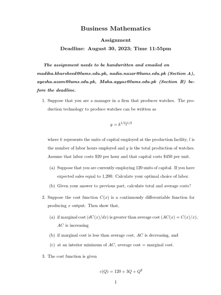 Business Mathematics Assignment 1 | PDF | Marginal Cost | Average Cost