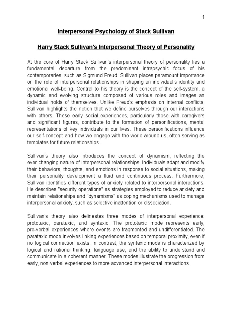 Interpersonal Psychology of Stack Sullivan | PDF