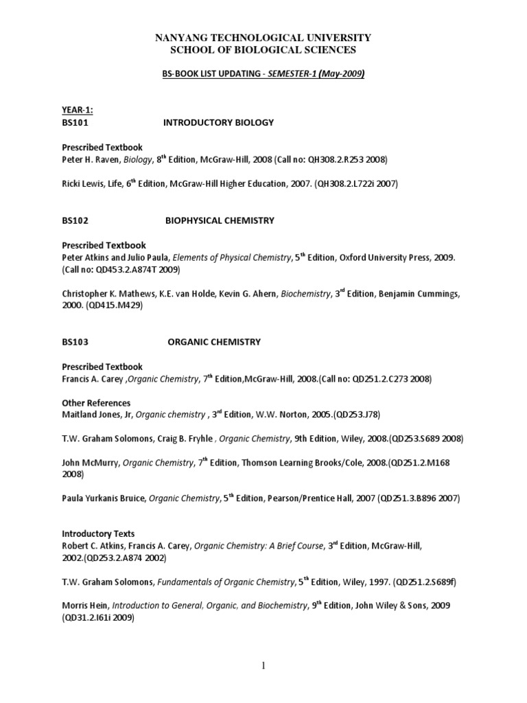 NTU Biological Sciences Book List 2009 | PDF | Neuroscience | Biology