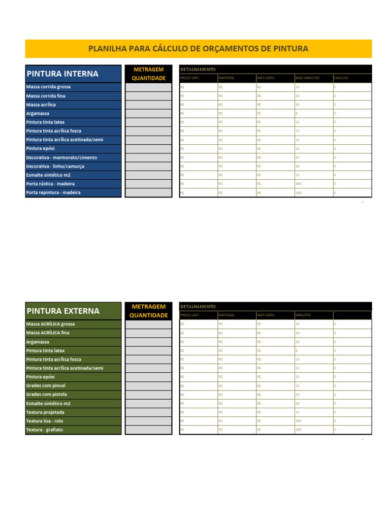 Planilha para Cálculo de Orçamento de Pintura | PDF | Tinta | Tinta ...