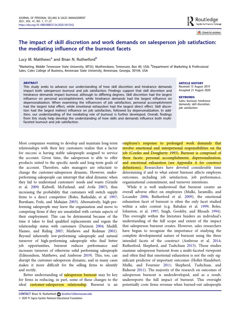 The Impact of Skill Discretion and Work Demands On Salesperson Job ...