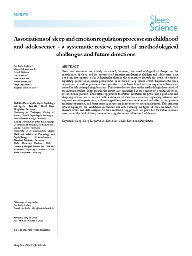 Associations of Sleep and Emotion Regulation Processes in Childhood ...