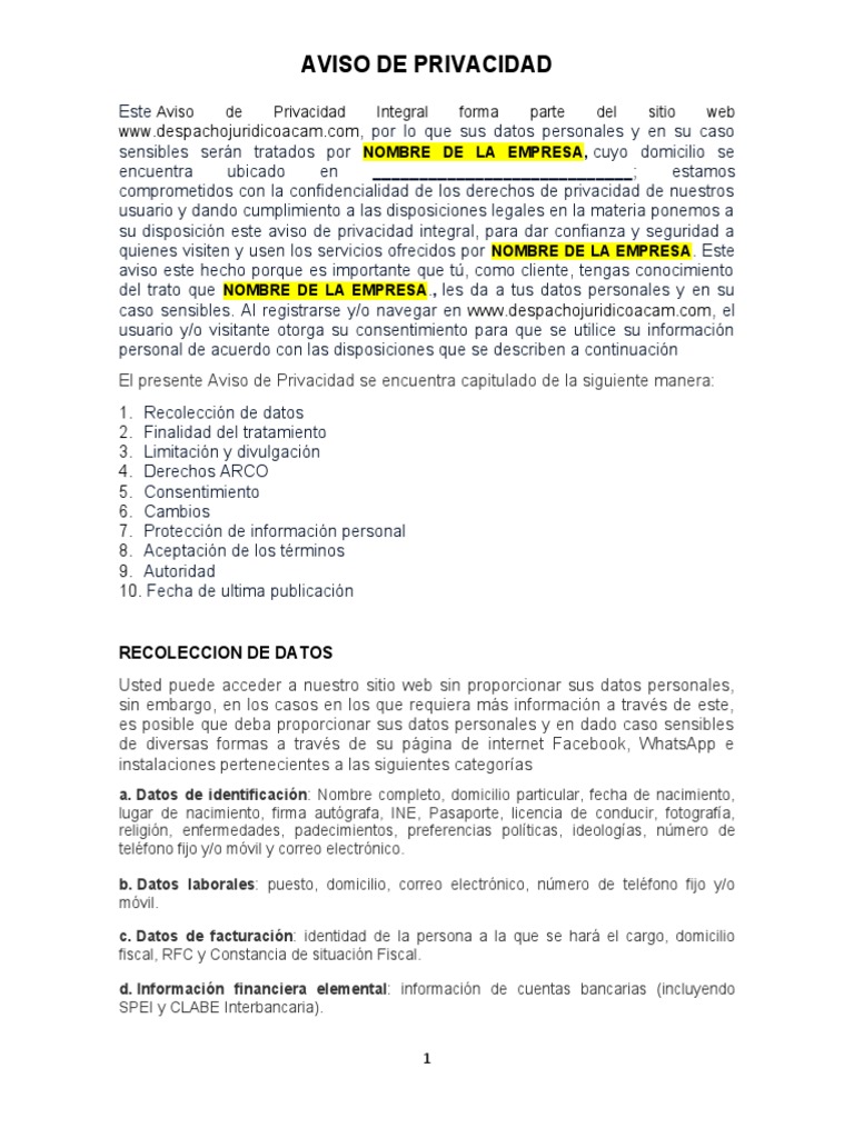 Aviso de Privacidad Integral Web | PDF