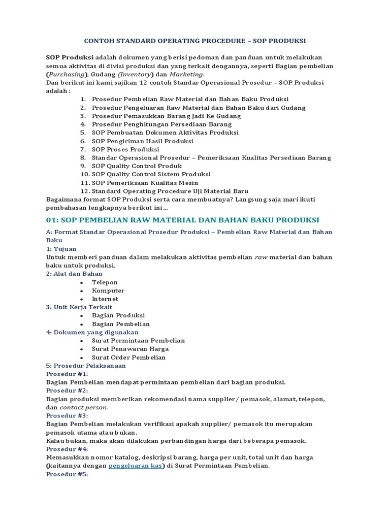 Contoh SOP Produksi dan Formatnya | PDF | Pengelolaan Keuangan & Uang