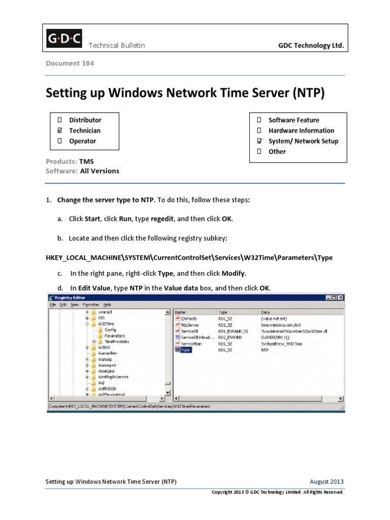 GDC Tech Bulletin - Setting Up Network Time Server - v2 | PDF | Windows ...