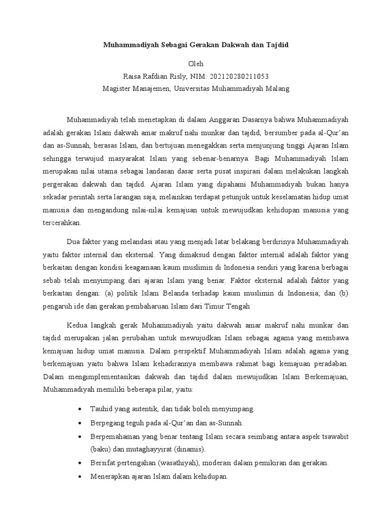 UTS AIK Raisa Rafdian Risly 053 Muhammadiyah Sebagai Gerakan Dakwah Dan Tajdid | PDF
