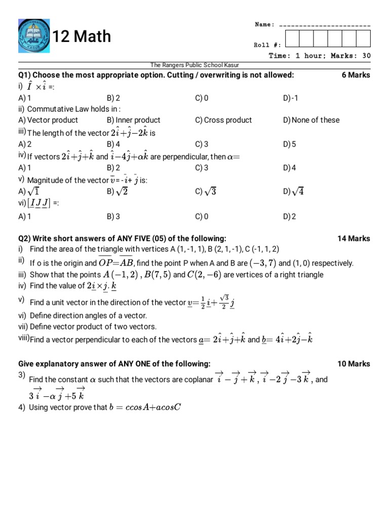 12 Math - Test Maker @ | Download Free PDF | Euclidean Vector | Triangle