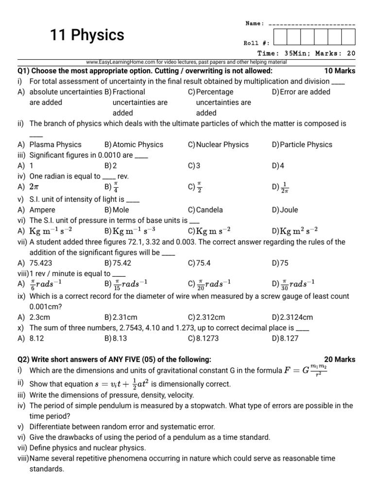 11 Physics - Test Maker @ | Download Free PDF | Observational Error ...