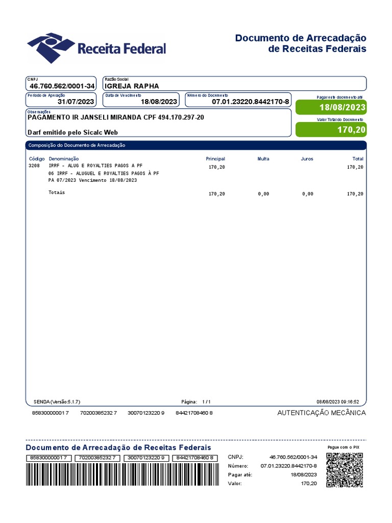 Documento de Arrecadação IRRF 07/2023 | PDF