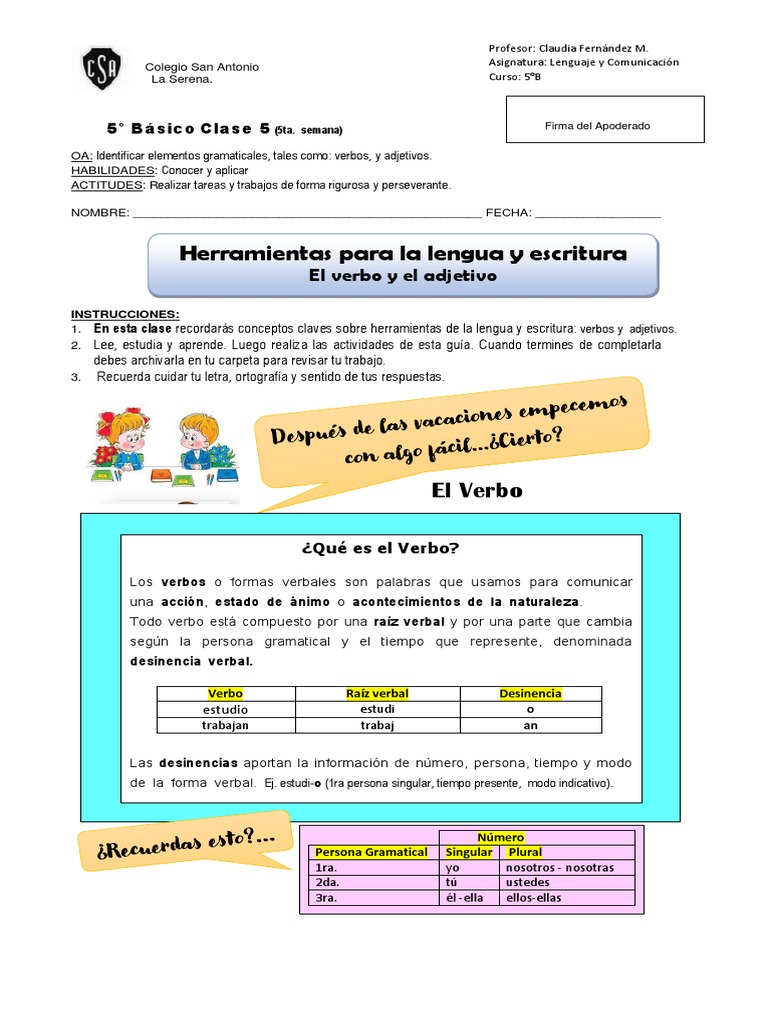 Guía de Verbos y Adjetivos 5° Básico | PDF | Verbo | Conjugación gramatical