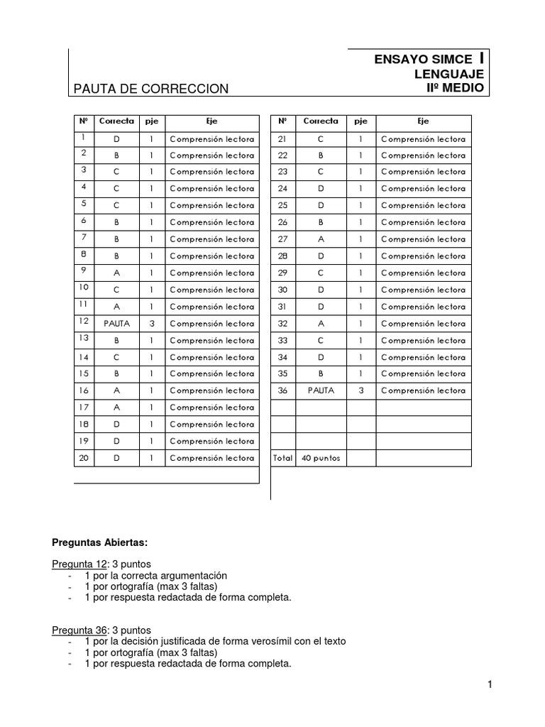 Pauta Ensayo Simce 1 | PDF | Comprensión lectora