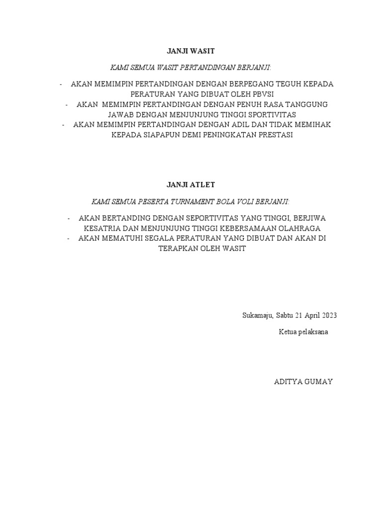 Janji Wasit Dan Janji Atlet | PDF