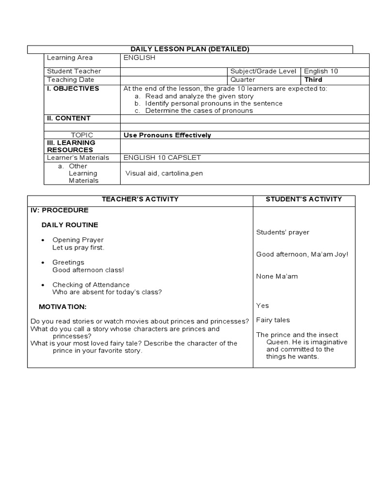 Detailed Lesson Plan On Uses of Pronouns | PDF | Grammatical Number ...