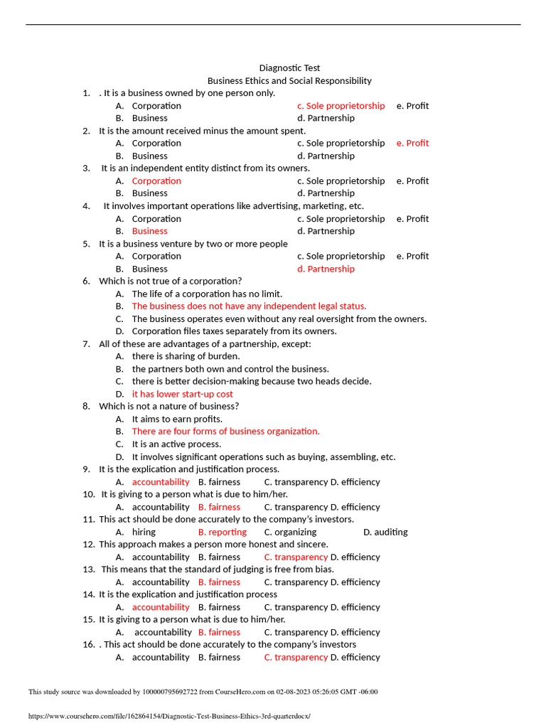 Business Ethics Diagnostic Test | PDF | Swot Analysis | John Stuart Mill