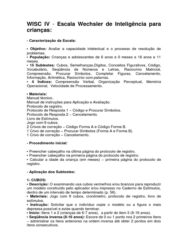 Apostila Aplicação - WISC IV | PDF | Tempo | Percepção