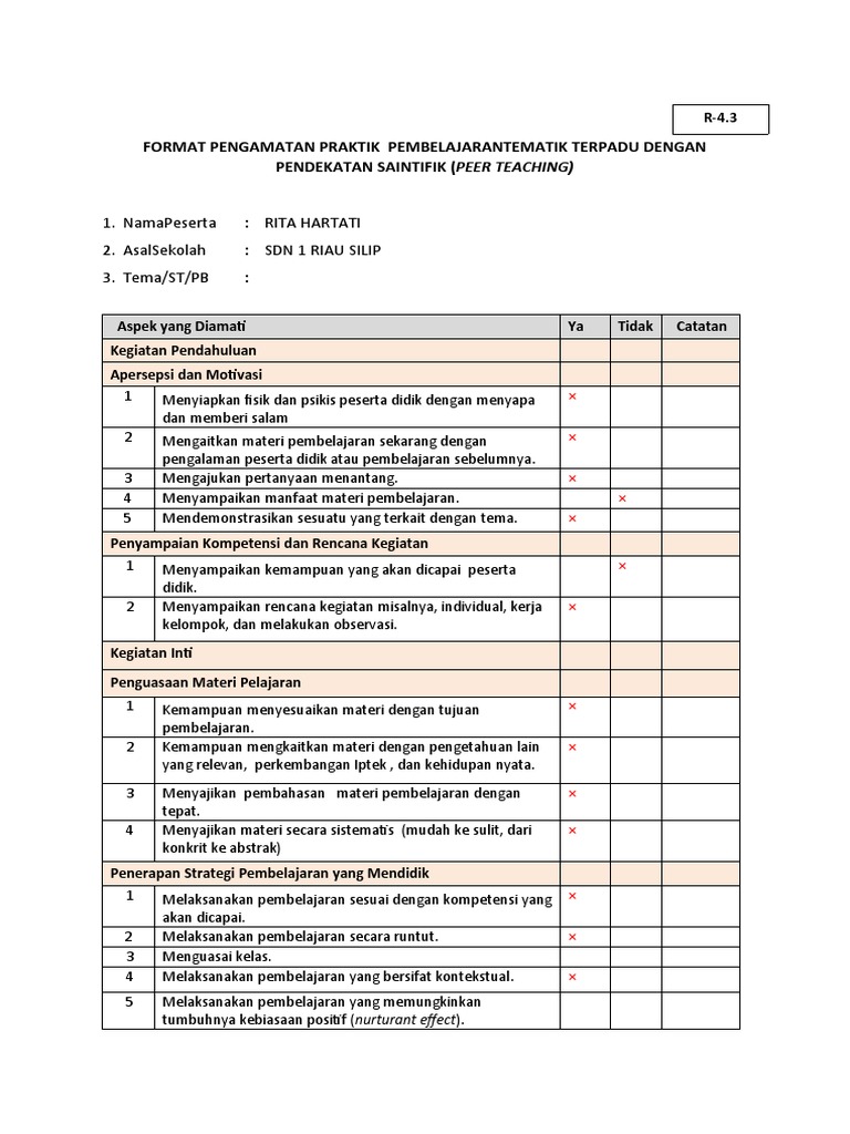 Format Pengamatan Praktik Pembelajarantematik Terpadu Dengan Pendekatan Saintifik (Peer Teaching ...