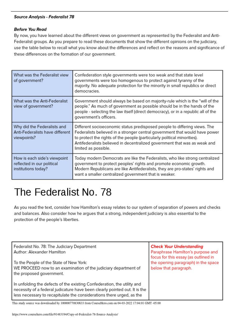 Federalist 78 Source Analysis | PDF