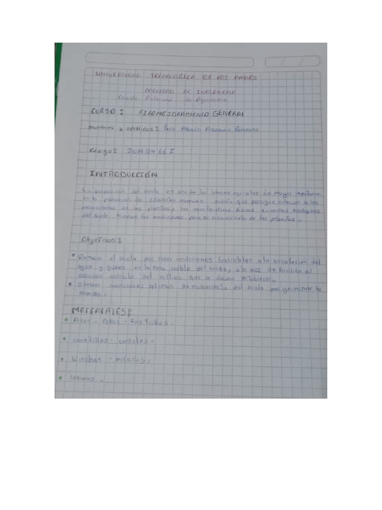 Trabjo Escrito A Mano de Terreno en El Cip Santo Tomas | PDF
