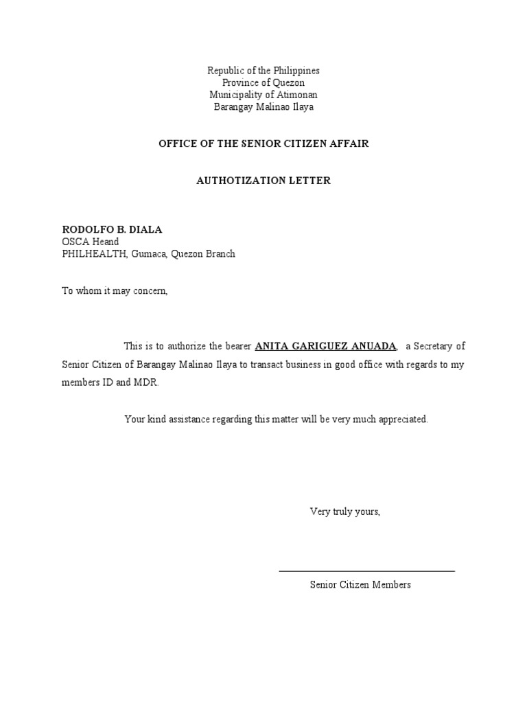 Authorization Letter Senior To Philhealth | PDF Authorization Letter Senior To Philhealth | PDF