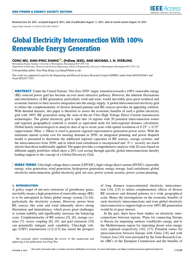 Global Electricity Interconnection With 100% Renewable Energy ...