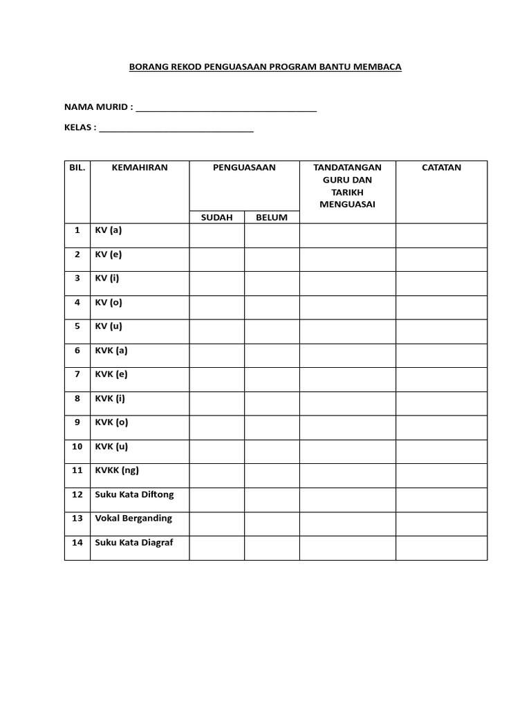 Borang Rekod Penguasaan Program Bantu Membaca | PDF | Teknologi & Rekayasa