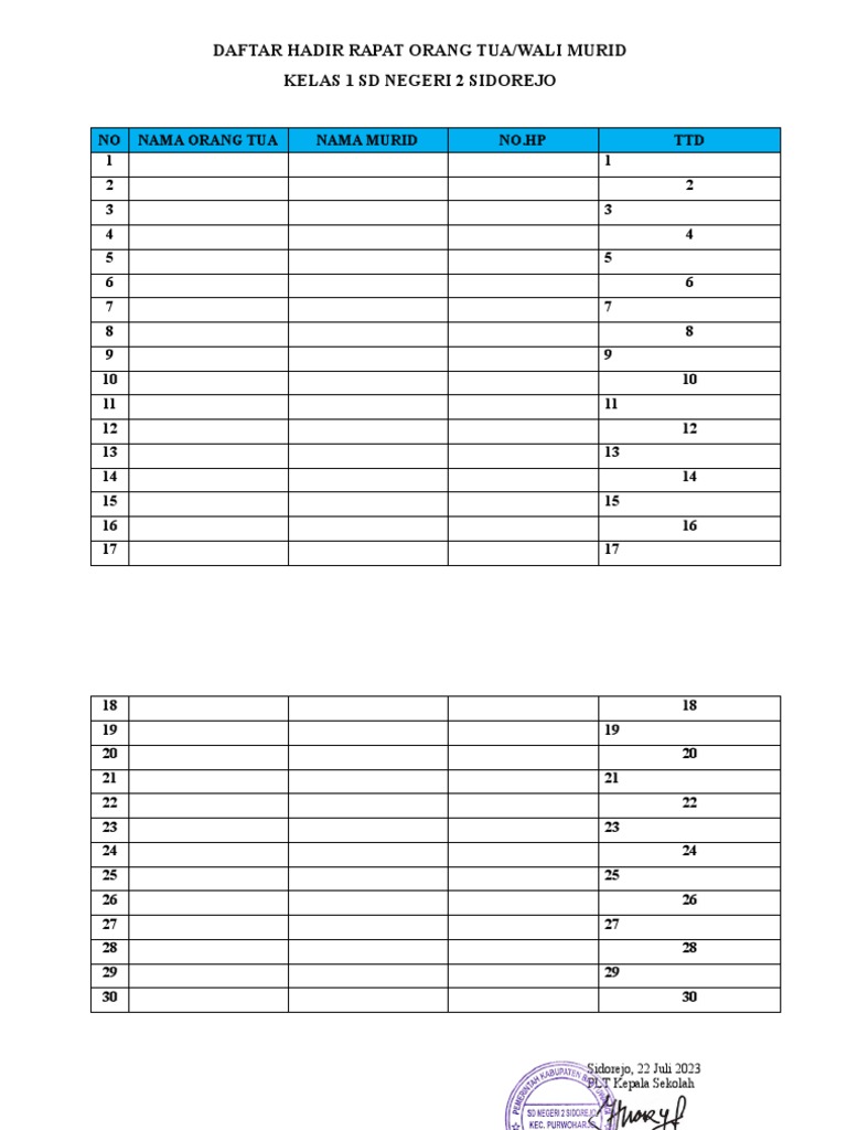Daftar Hadir Rapat Orang Tua | PDF