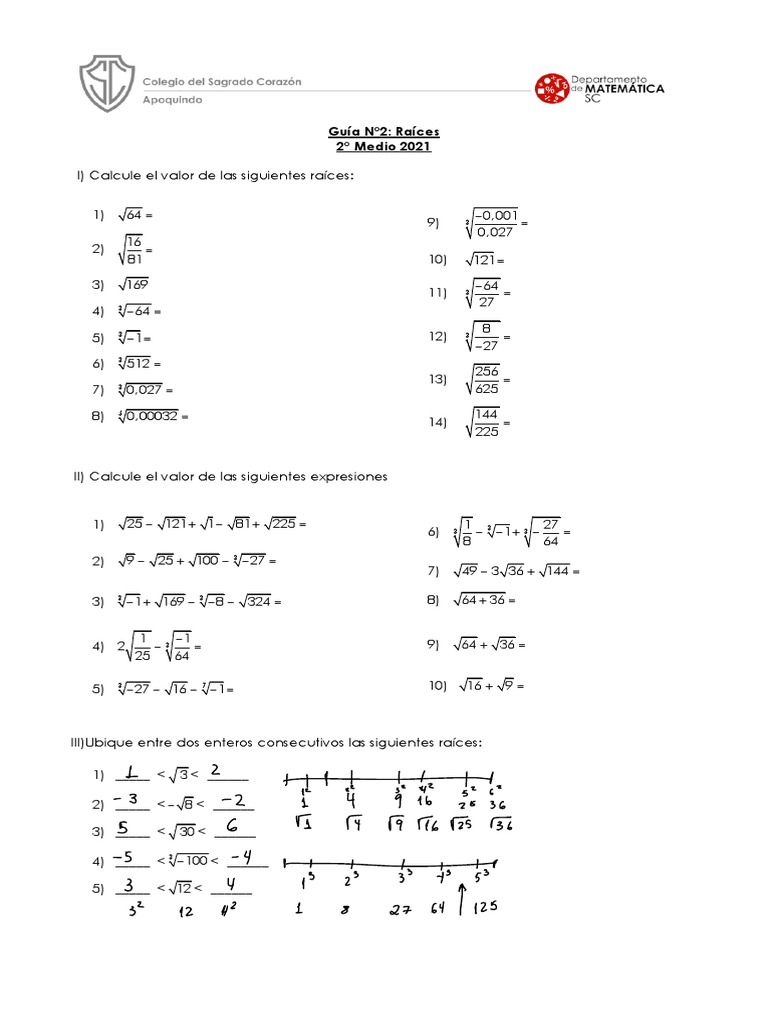 Guía N°2 Cálculo Raíces - 2°medio 2021 | PDF