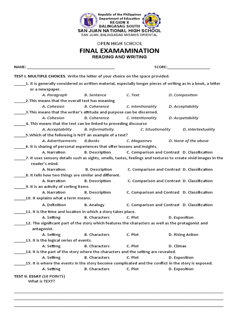 Reading and Writing Exam | PDF