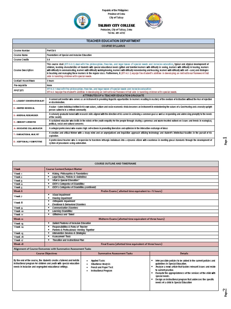 PROF ED 6 - SYLLABUS With BTI | PDF | Special Education | Inclusion ...