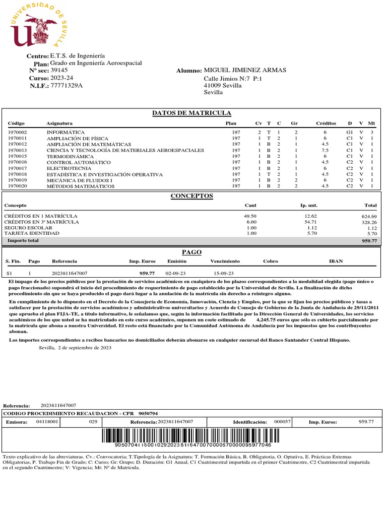 Justificante de Matrícula | PDF