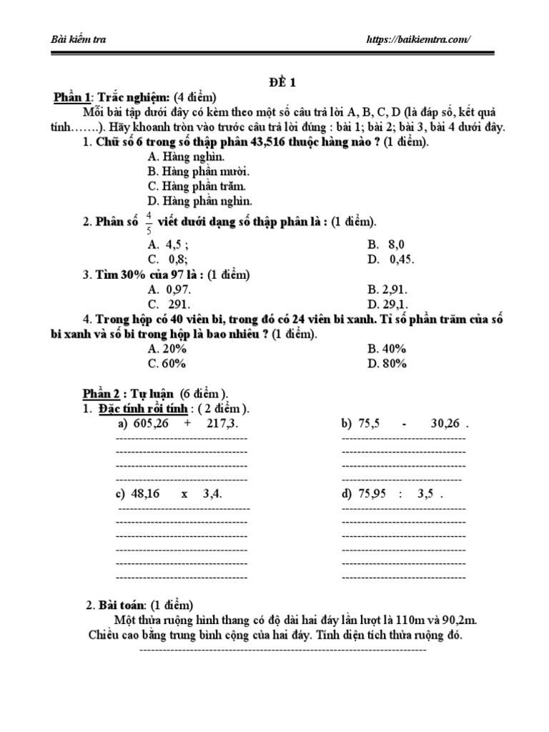 Tuyen Tap 10 de Thi hk2 Toan 5 | PDF