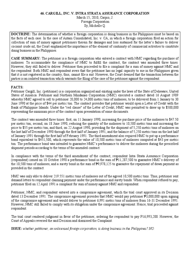 46 Cargill, Inc. v. Intra Strata Assurance Corp. (Case Digest) | PDF ...