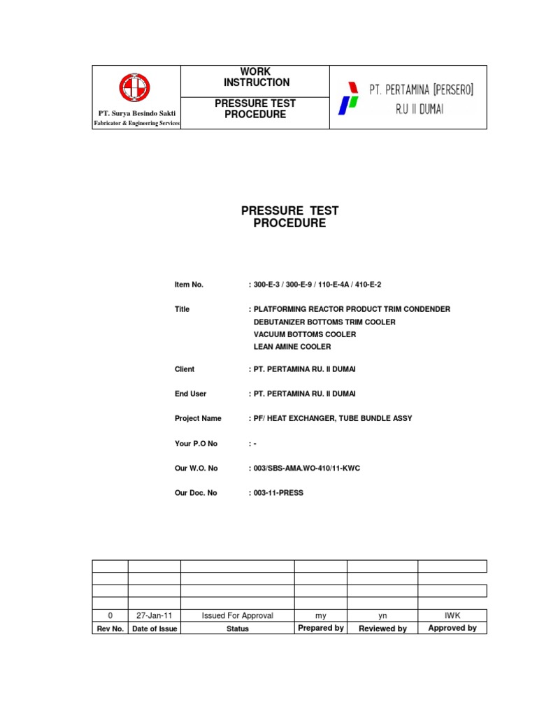 PRESSURE TEST Procedure | PDF | Calibration | Pressure