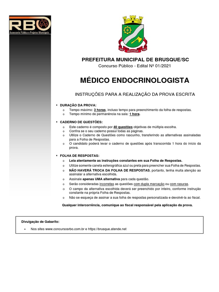Rbo 2021 Prefeitura de Brusque SC Medico Endrocinologista Prova | PDF ...