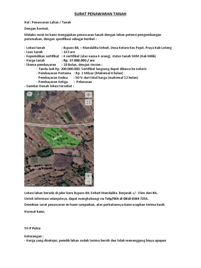 Surat Penawaran Tanah Bypass Bil-Mandalika | PDF
