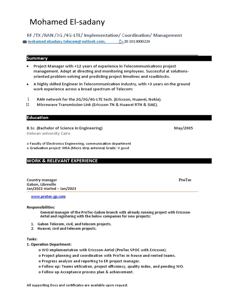 Mohamed Elsadany CV Protec | PDF | Ericsson | Telecommunications