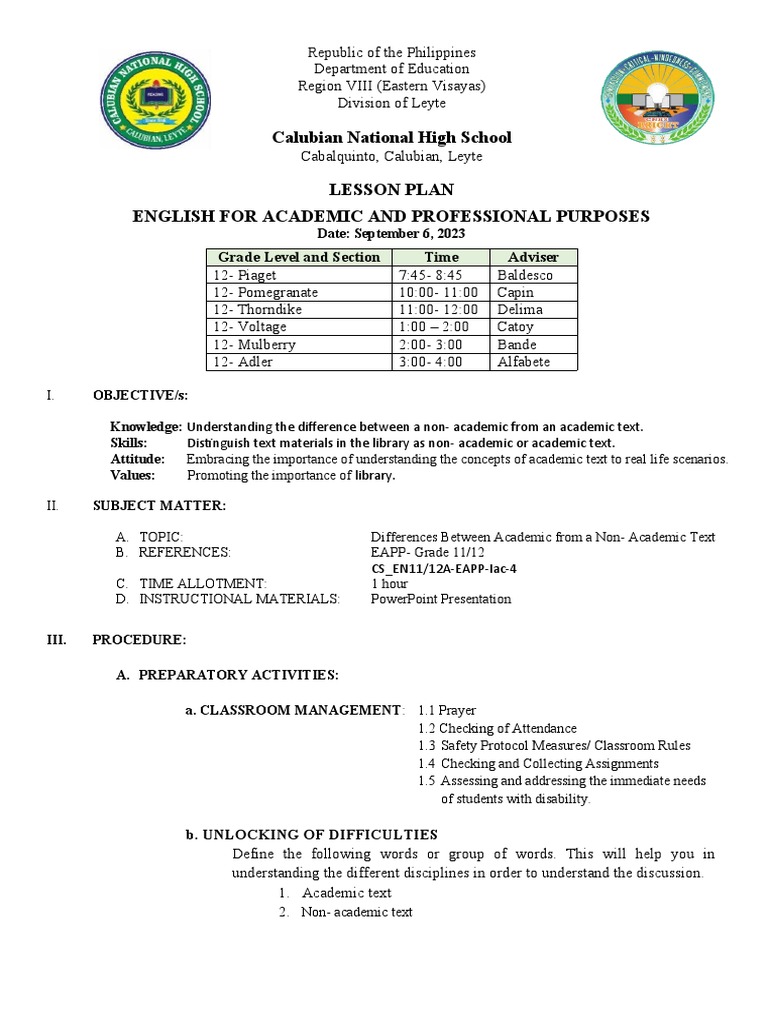 Lesson Plan EAPP | PDF | Essays | Books
