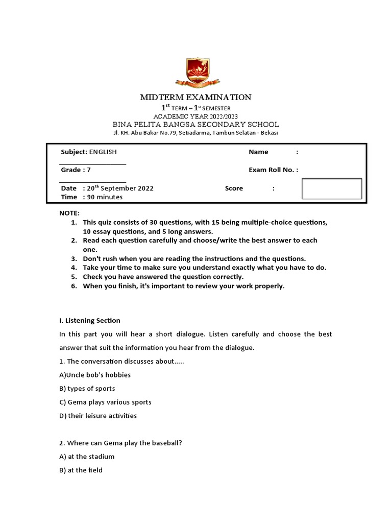 PTS English Term 1 G7 | PDF PTS English Term 1 G7 | PDF