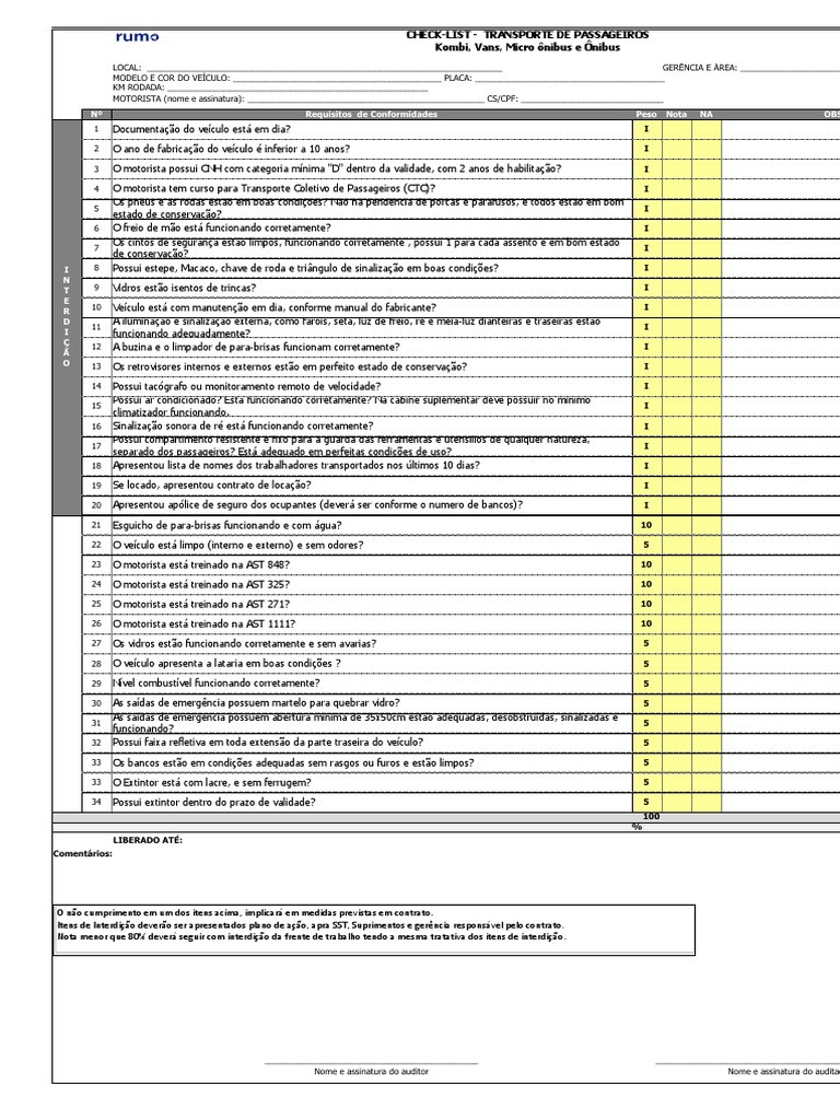 Check List Onibus | PDF | Dirigir | Veículo motorizado