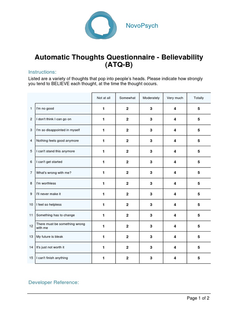 Automatic Thoughts Questionnaire (ATQ-B) | PDF | Psychology ...
