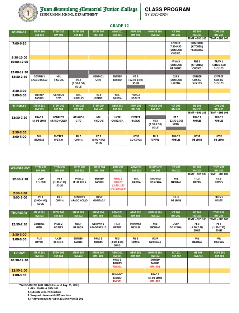Class Program Schedule g12 | PDF