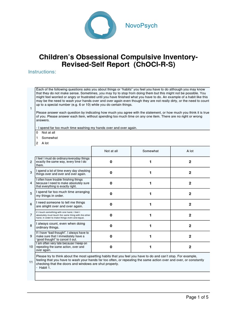 Children's Obsessional Compulsive Inventory-Revised-Self Report (ChOCI ...