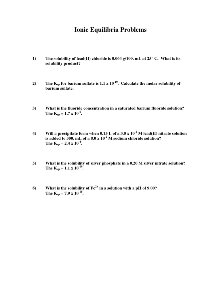 Ionic Equilibria Problems | PDF | Solubility | Chemical Substances