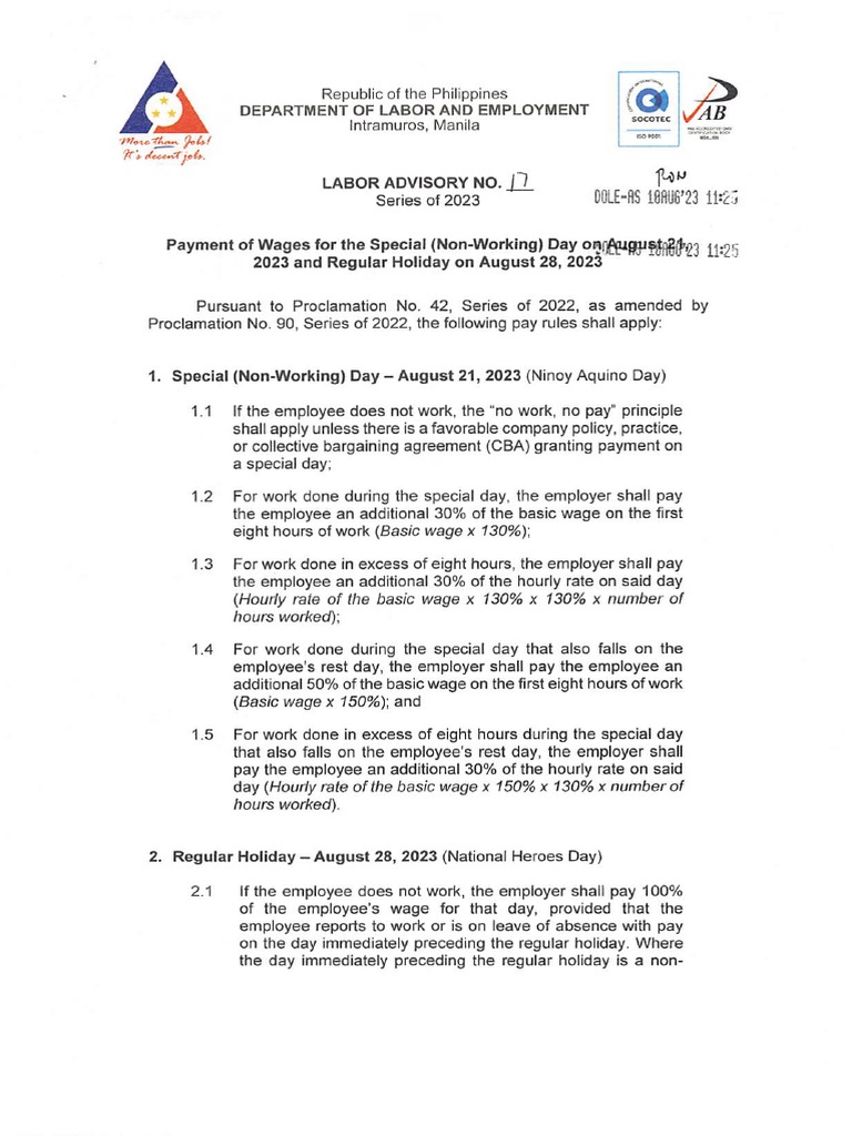 Labor Advisory No. 17 23 Payment of Wages For The Special Non Working ...